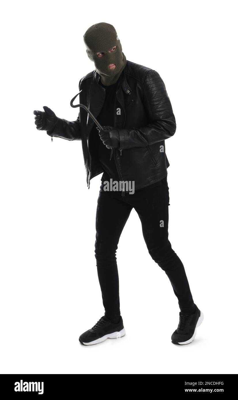 Man wearing knitted balaclava with crowbar on white background Stock ...