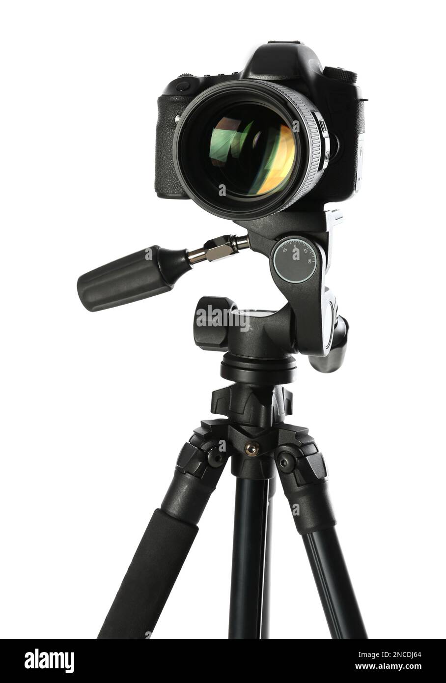 Modern tripod with camera isolated on white Stock Photo - Alamy