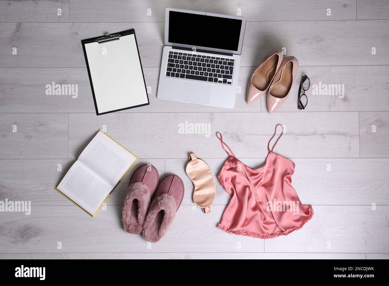 Flat lay composition of business items with home accessories on white ...