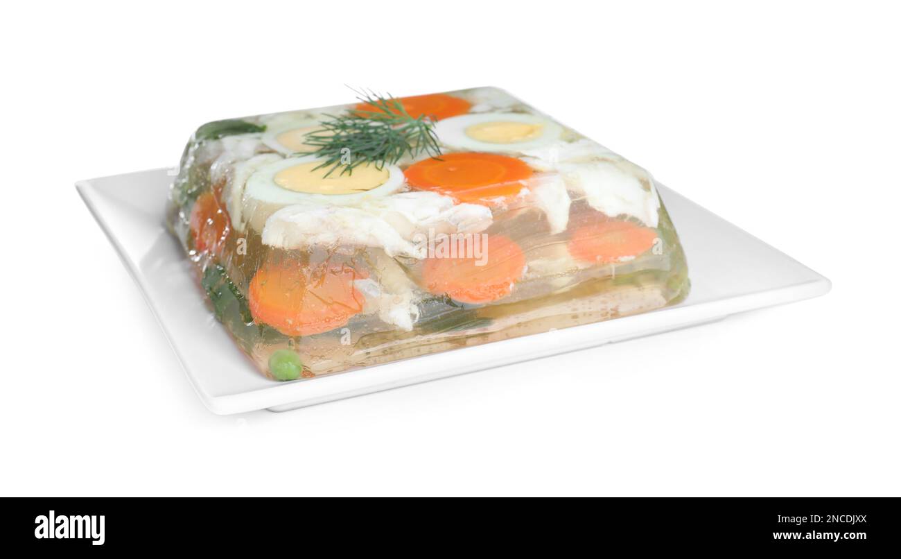 Delicious fish aspic in plate isolated on white Stock Photo - Alamy