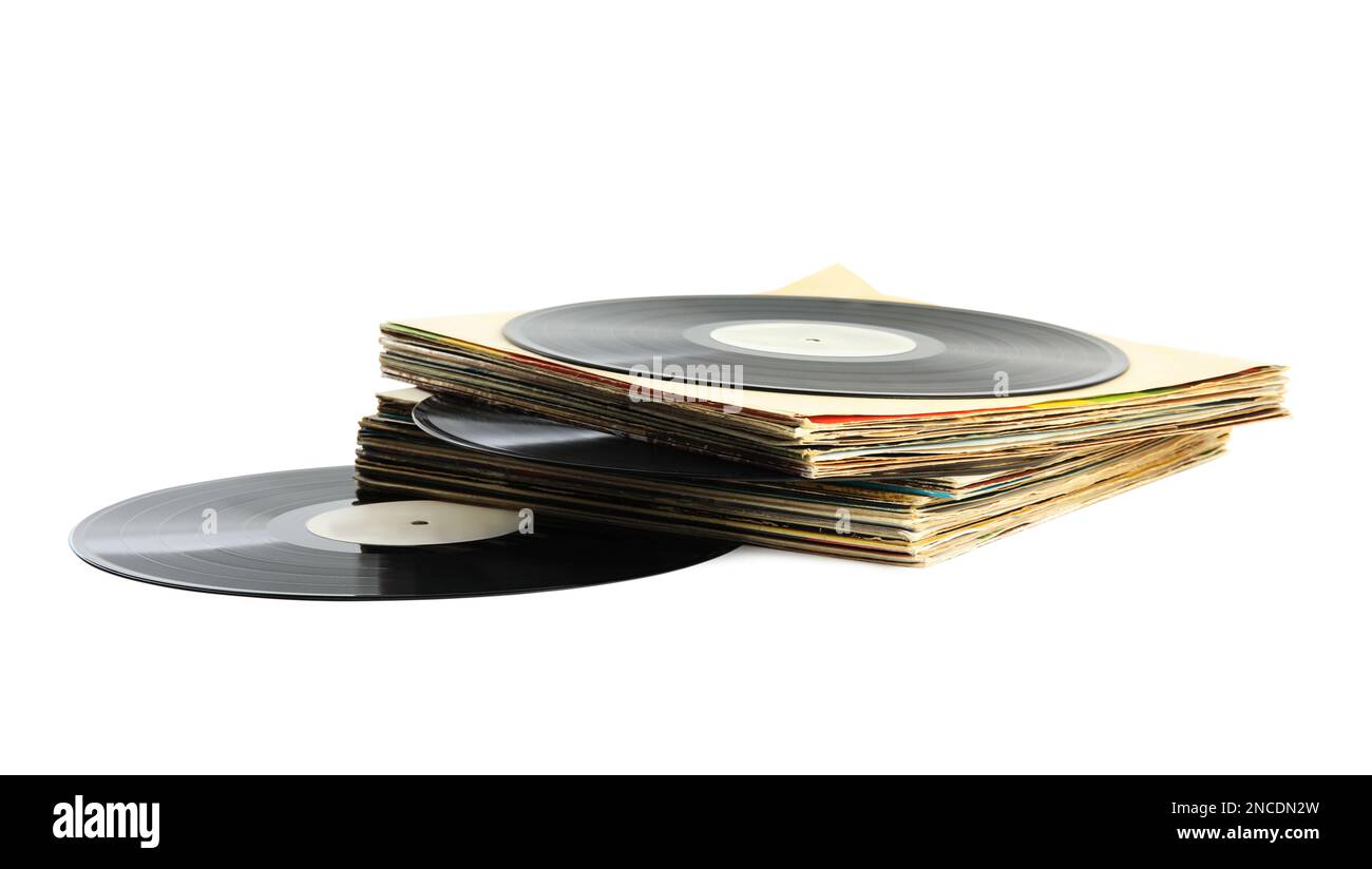 Stack of vintage vinyl records on white background Stock Photo - Alamy