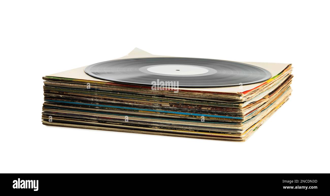 Stack of vintage vinyl records on white background Stock Photo - Alamy