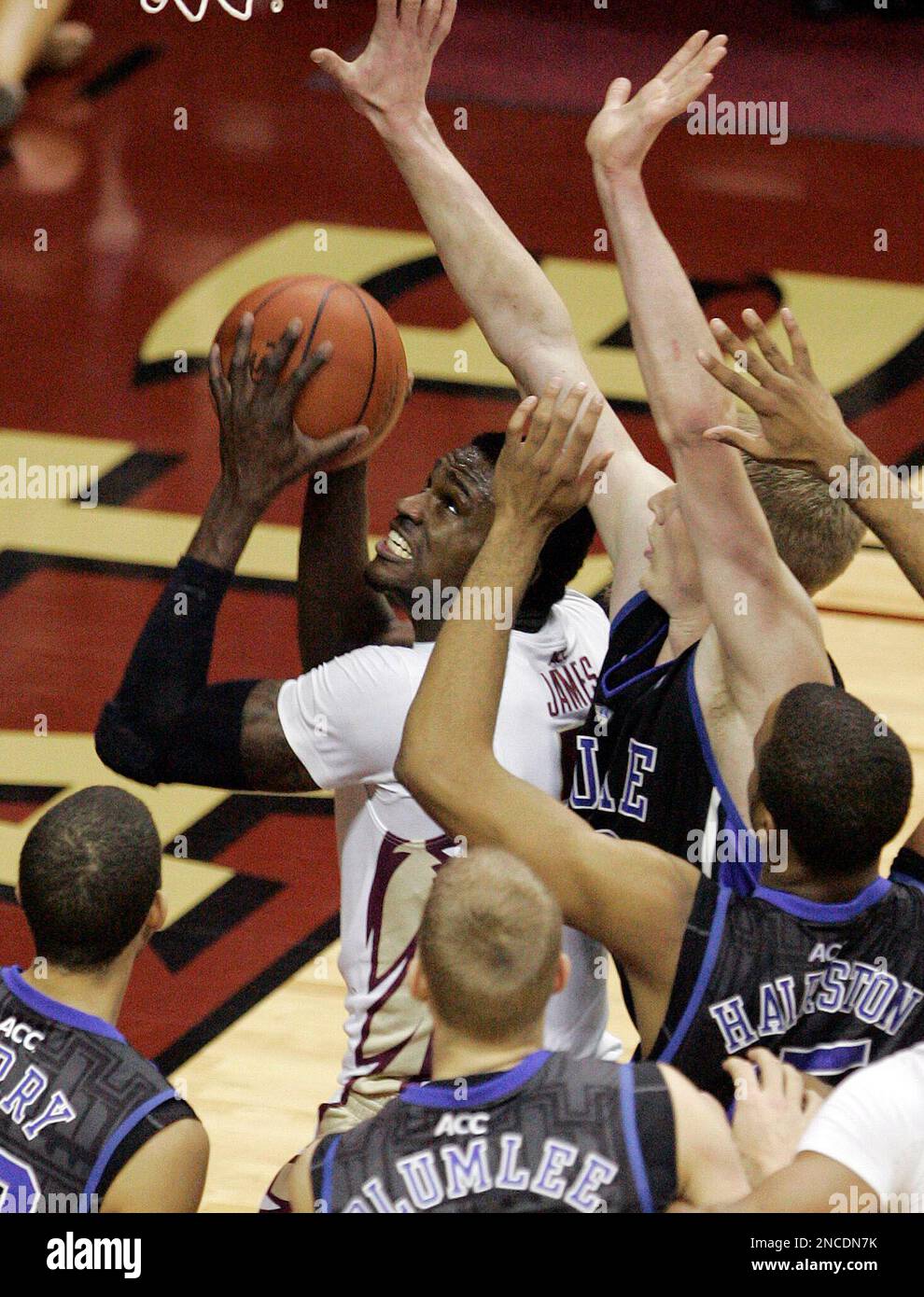 Florida State's Bernard James shoots against Duke's defense during the ...
