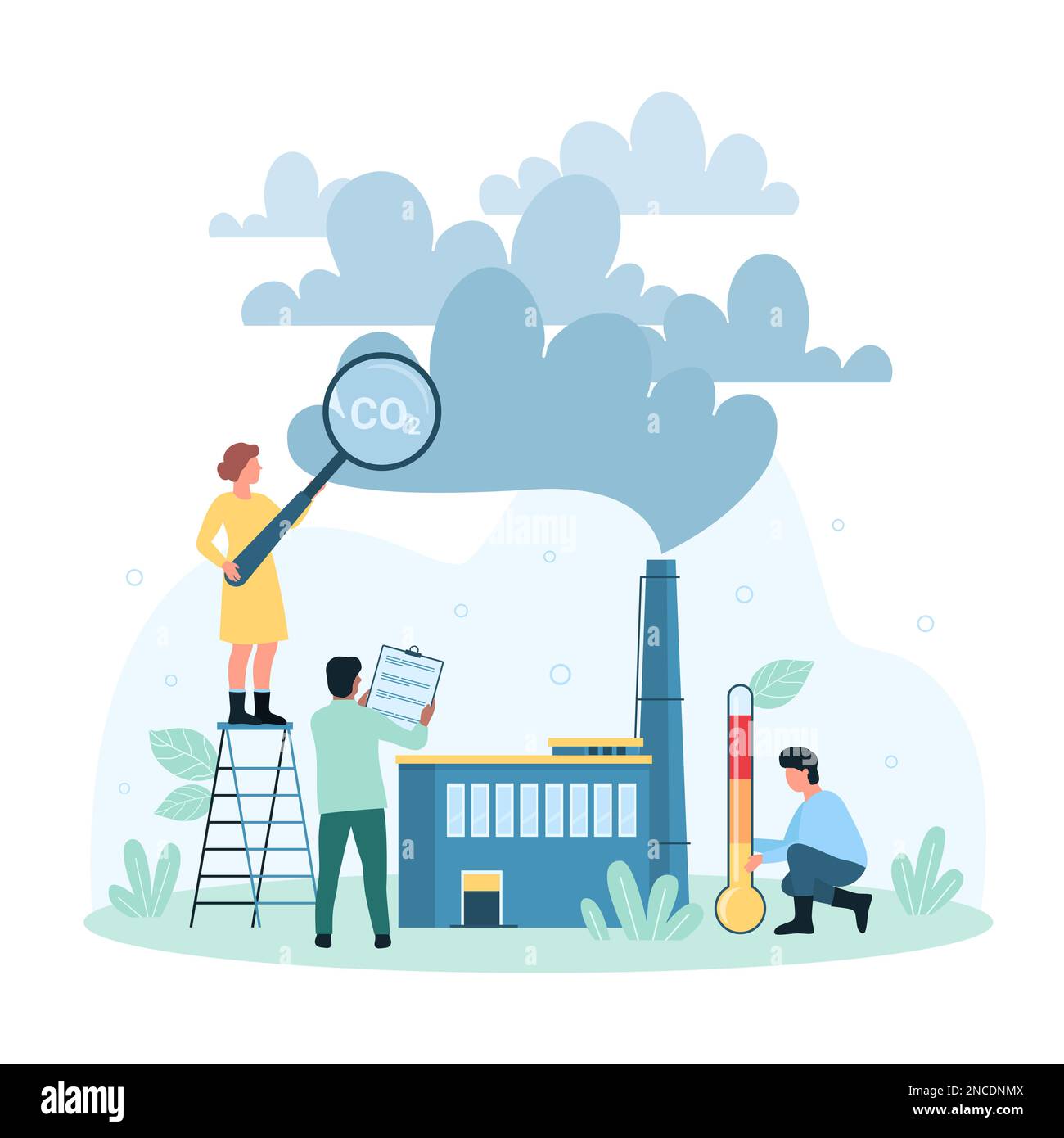 Air pollution with carbon dioxide vector illustration. Cartoon tiny ...