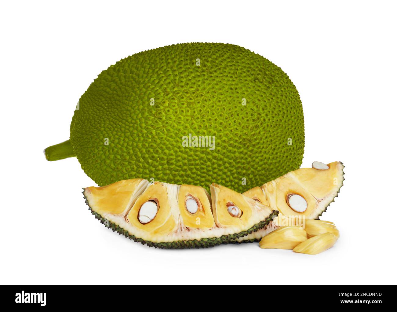 Delicious cut fresh exotic jackfruit with slices and bulbs on white ...
