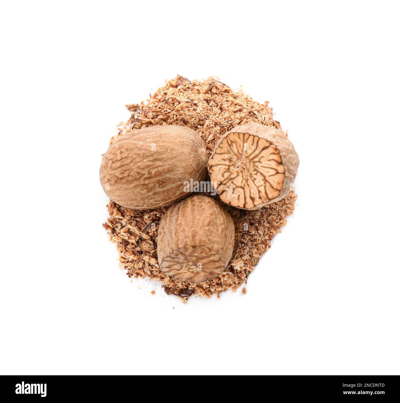 Grated nutmeg and seeds isolated on white, top view Stock Photo - Alamy