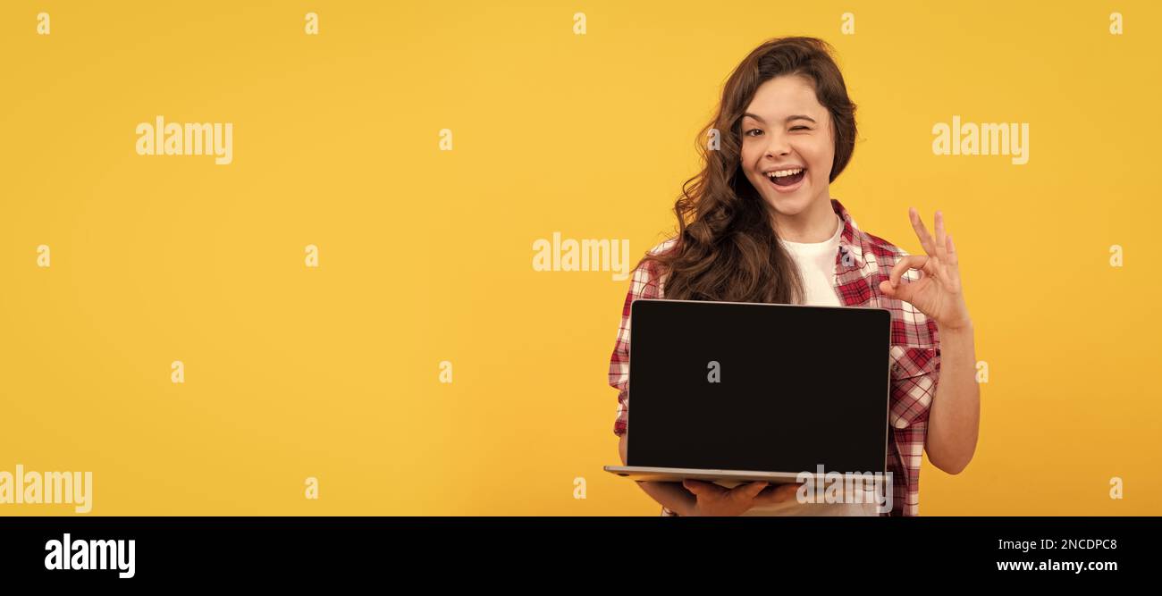 happy smart child presenting laptop at school online lesson show ok ...