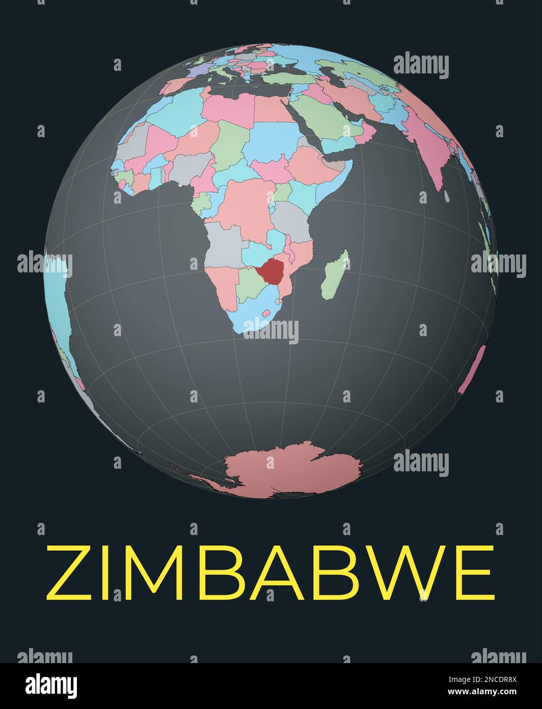 World map centered on Zimbabwe. Red country highlighted. Satellite world view centered on the ...