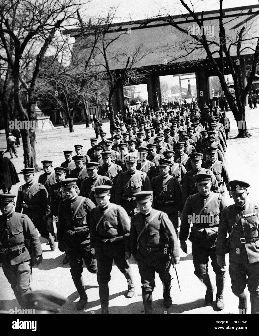 Japanese soldiers of the seventh division, marching from worship at the ...