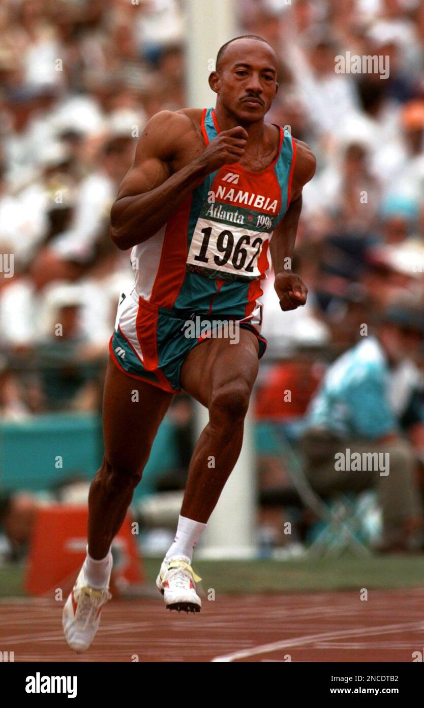 FILE - This is a Wednesday, July 31, 1996 file photo of Namibia's sprinter Frankie Fredericks ...