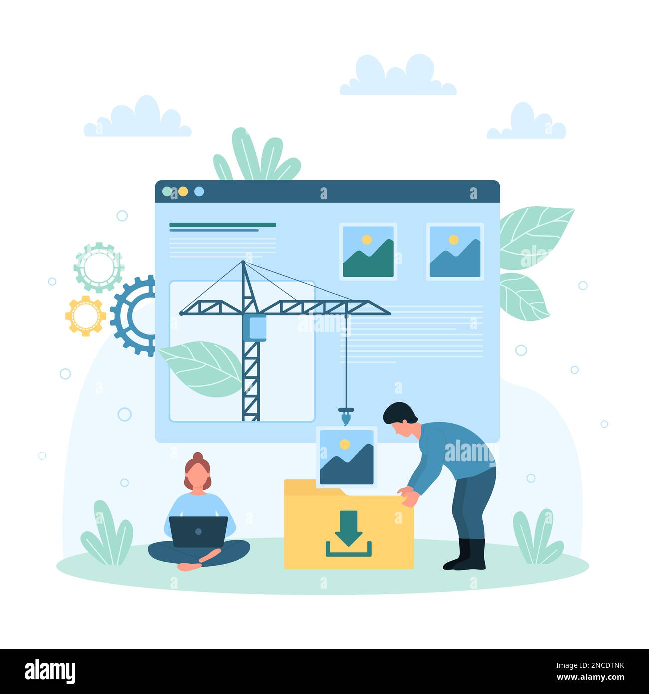 Transfer File System Backup Vector Illustration Cartoon Tiny People And Construction Crane On