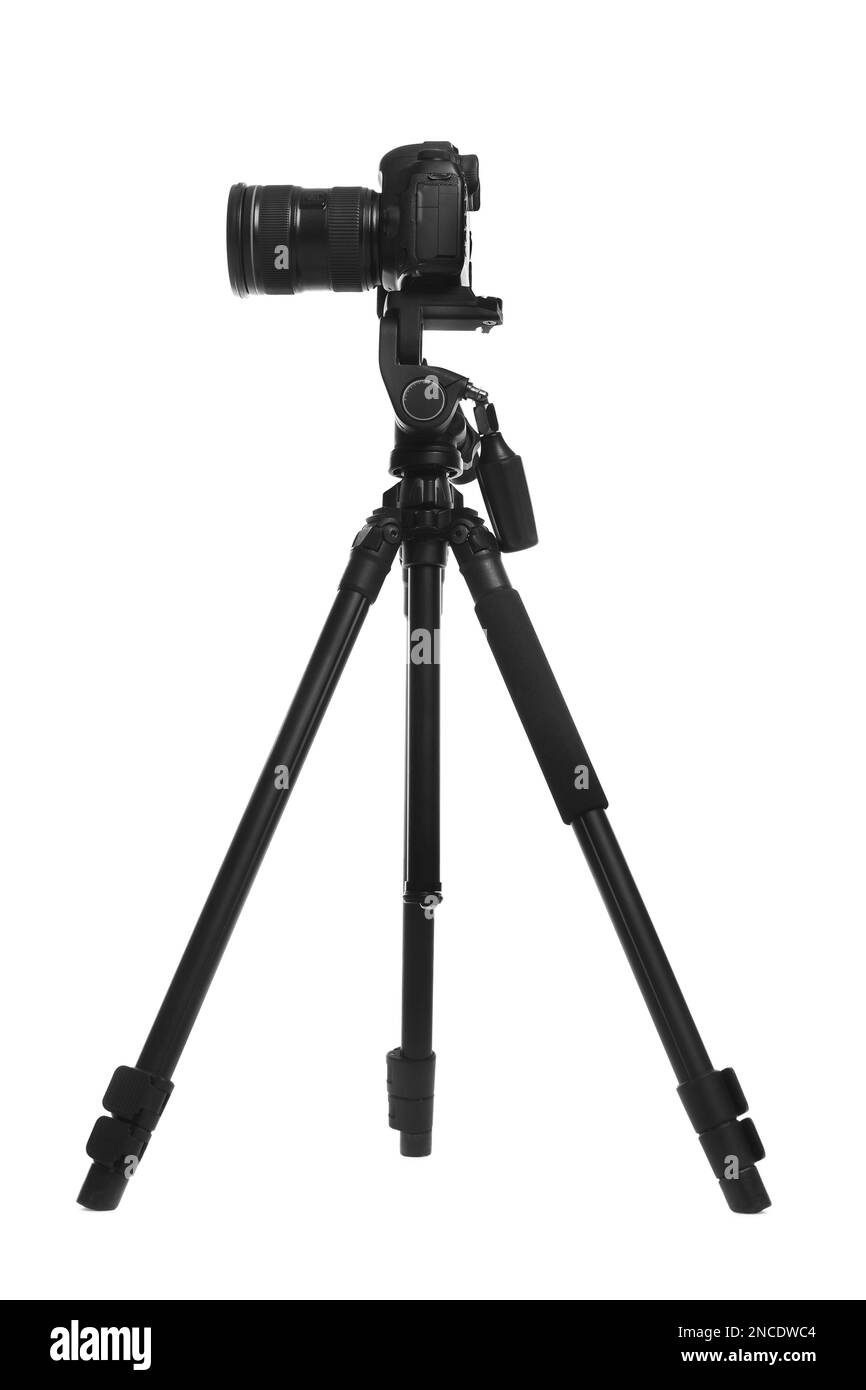 Modern tripod with professional camera isolated on white Stock Photo ...