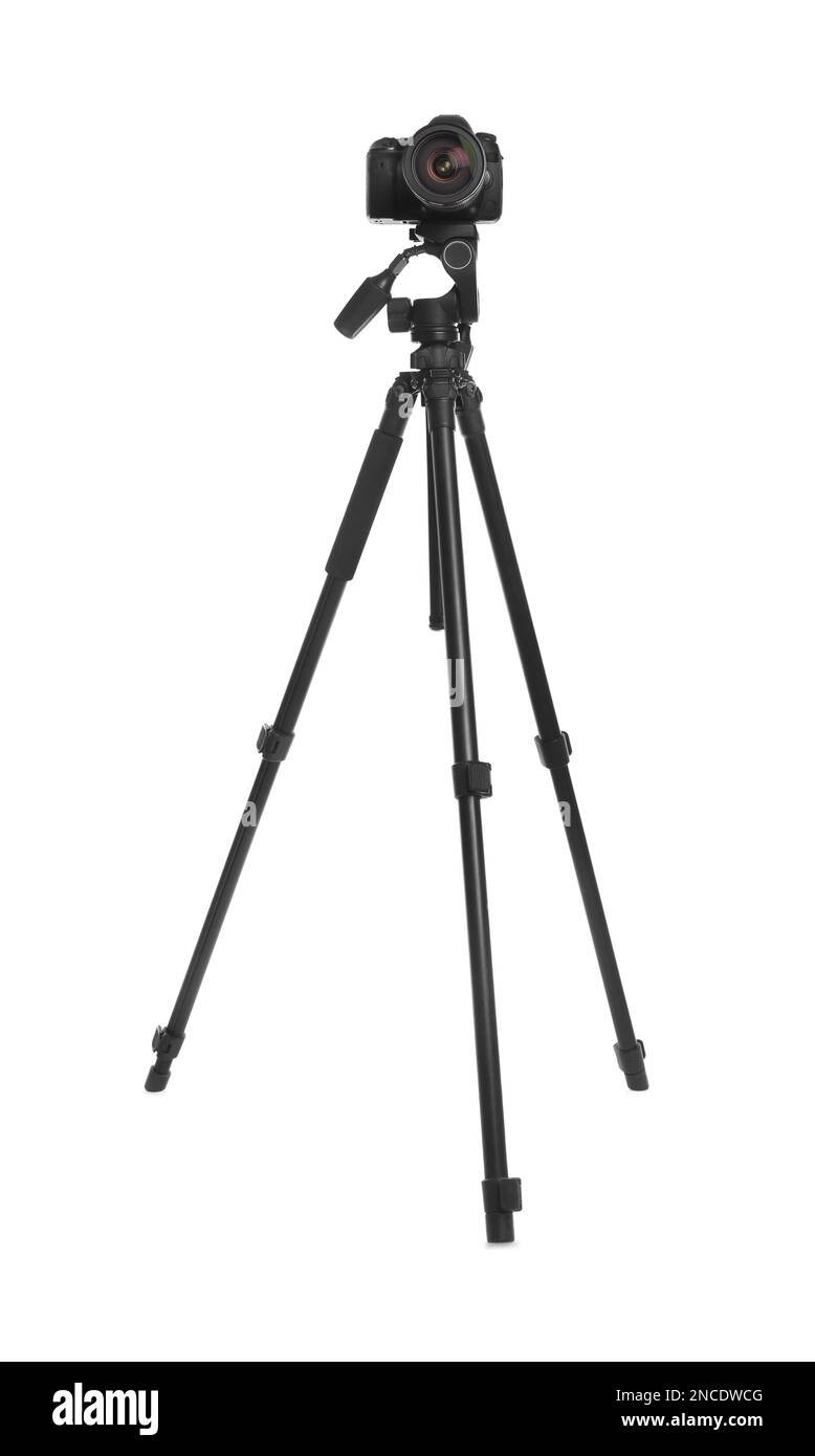 Modern tripod with professional camera isolated on white Stock Photo ...