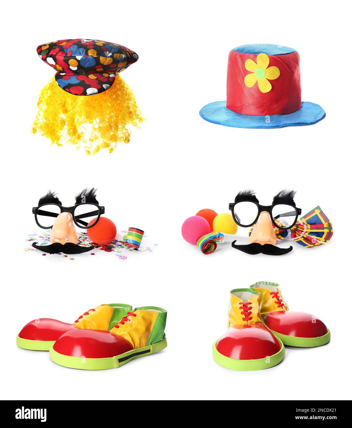 Set with different funny clown's accessories on white background Stock ...