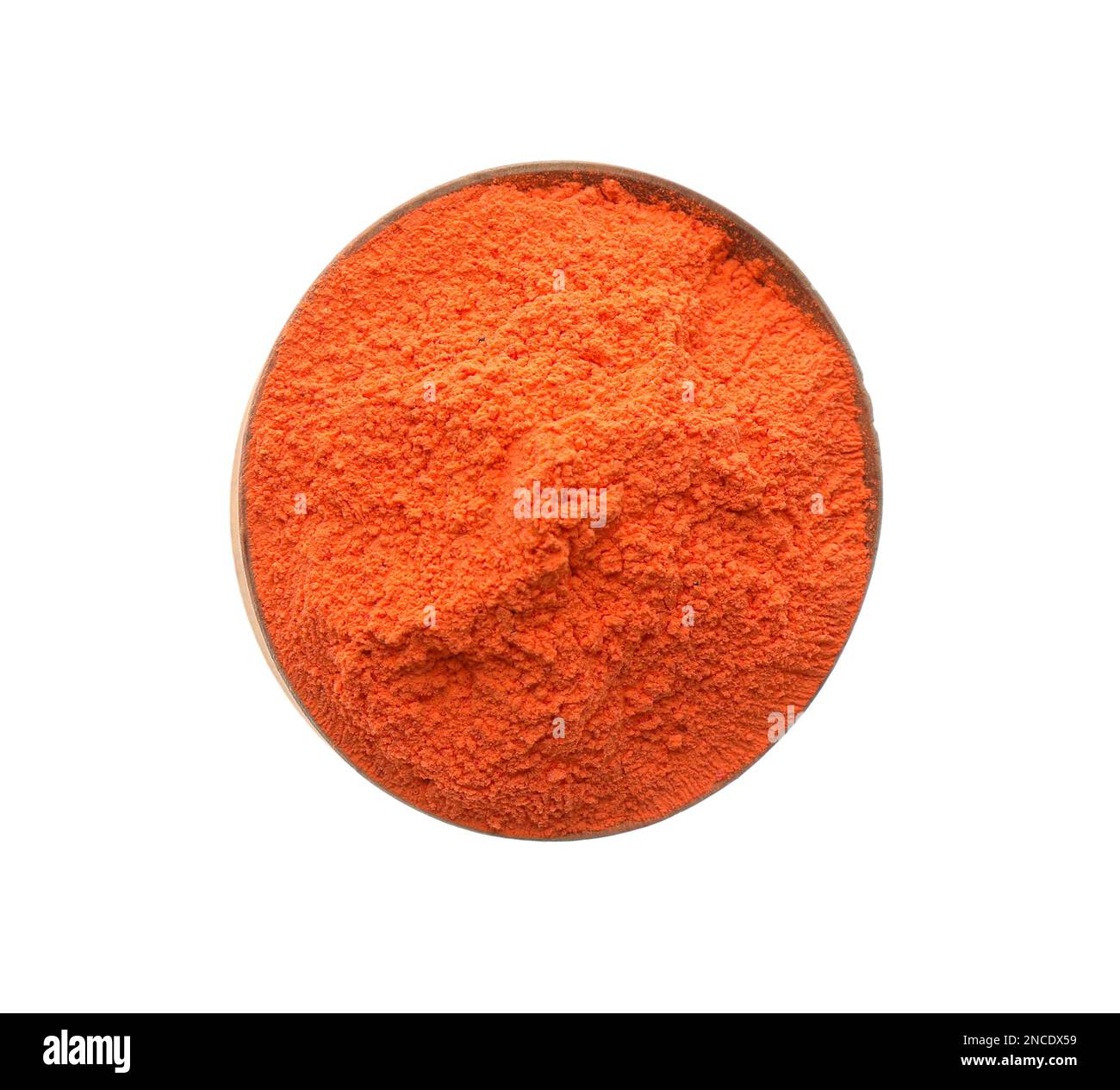 Orange powder in bowl isolated on white, top view. Holi festival ...