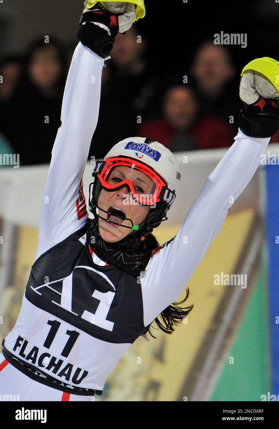 France's Nastasia Noens reacts at finish line after taking third place ...