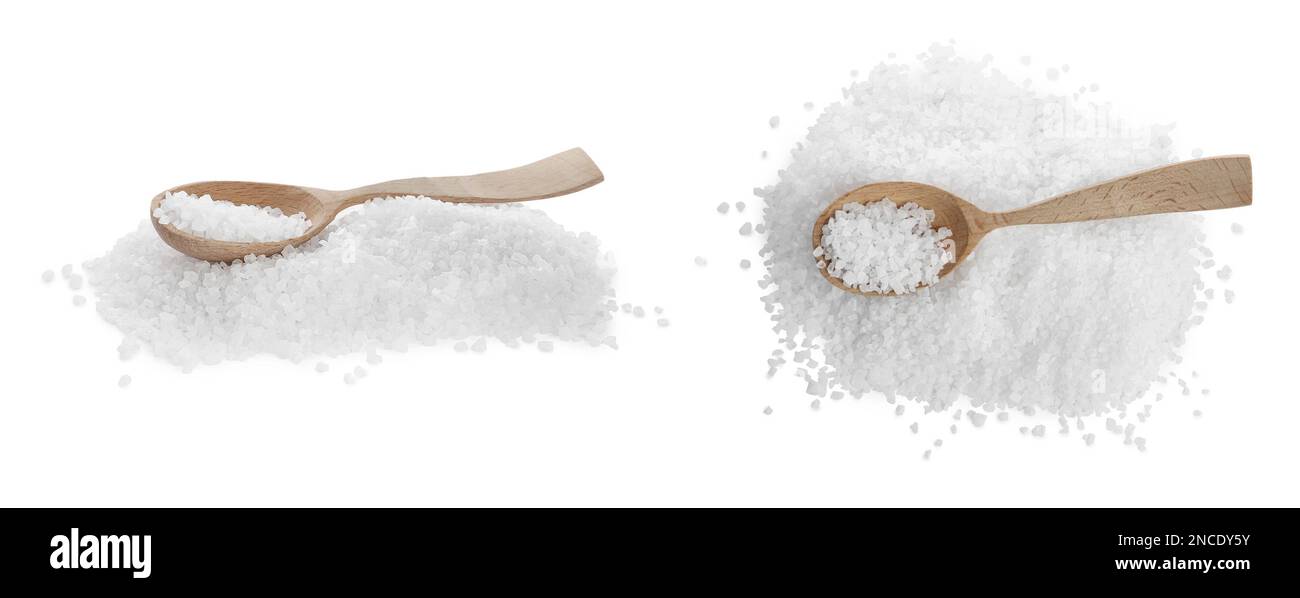 Natural sea salt on white background. Banner design Stock Photo - Alamy