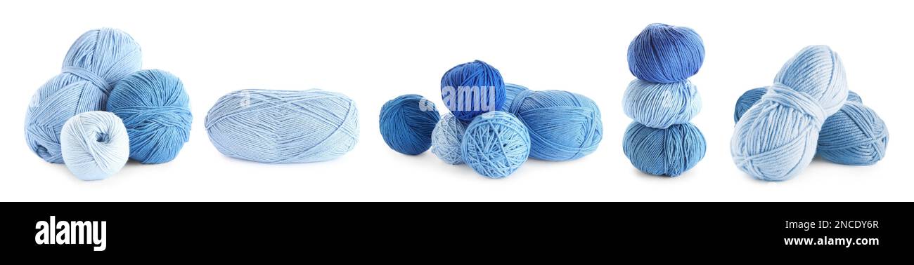 Set with different woolen yarns on white background. Banner design ...
