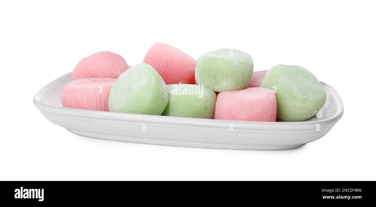 Plate with different delicious mochi on white background. Traditional ...