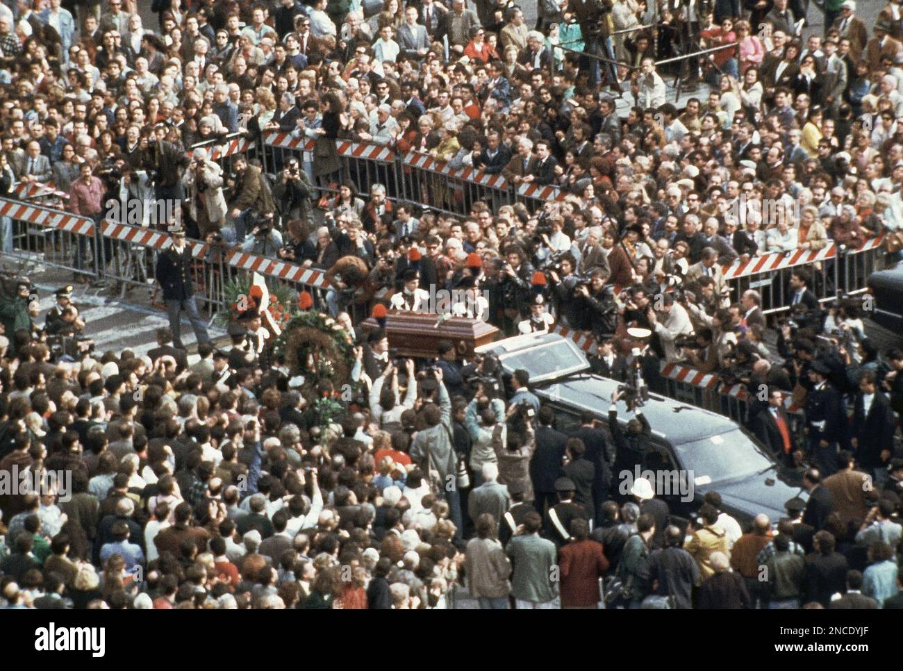 The coffin of Italian film director Federico Fellini is placed inside ...