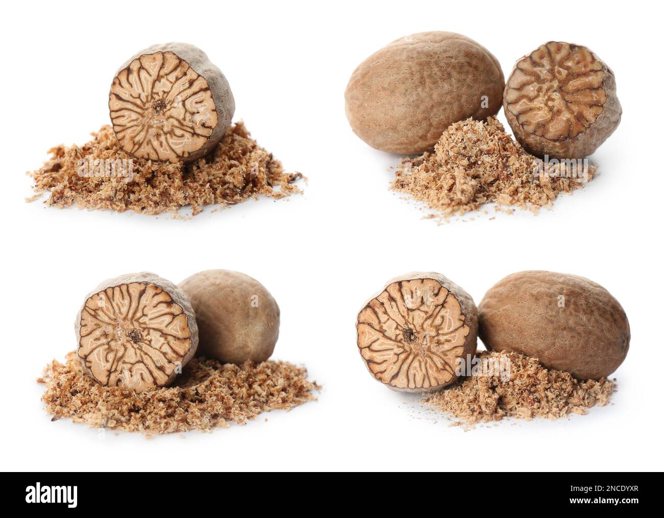 Set with nutmeg seeds on white background Stock Photo - Alamy