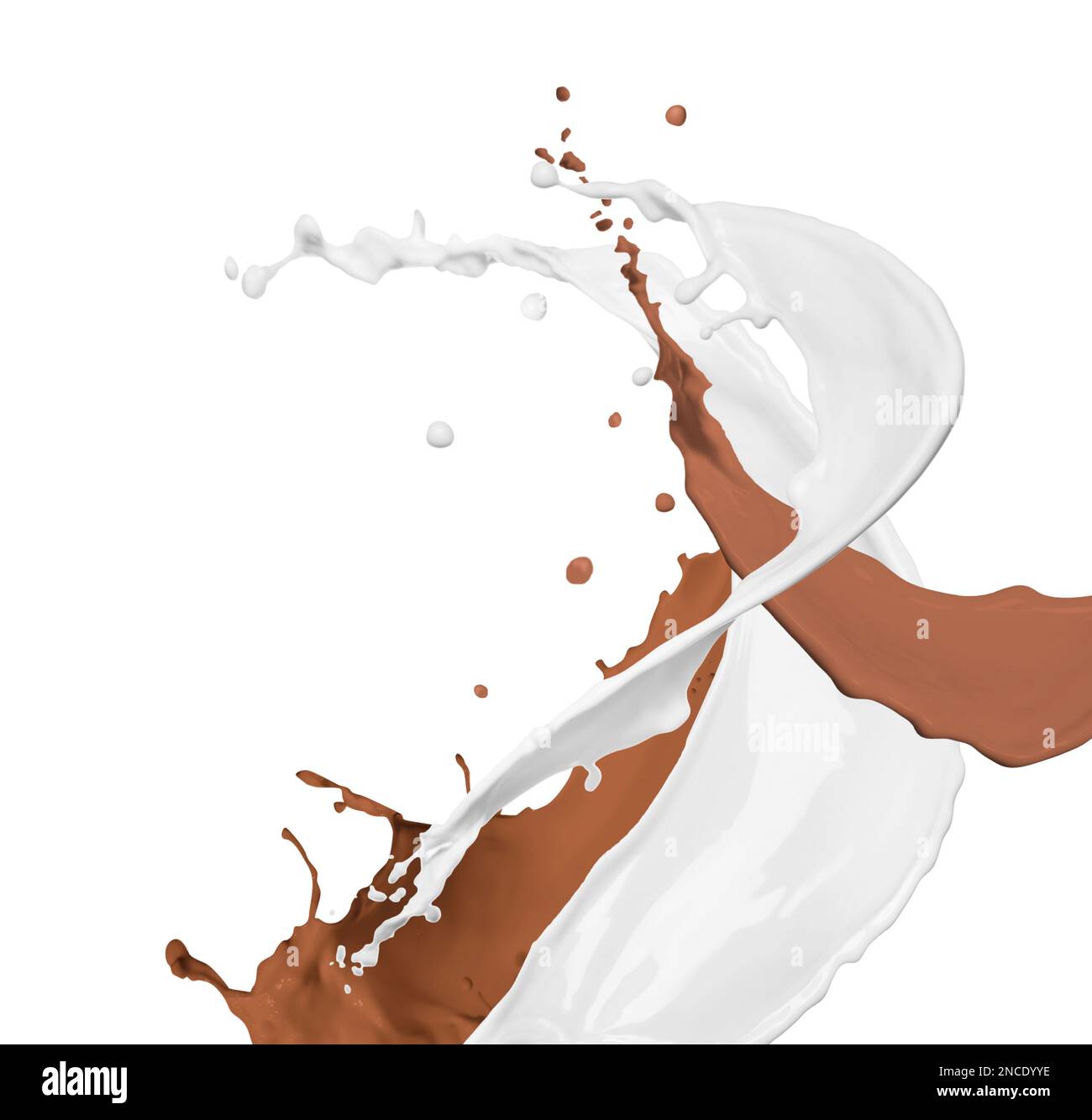Splashes of chocolate milk and ordinary one mixing together on white ...