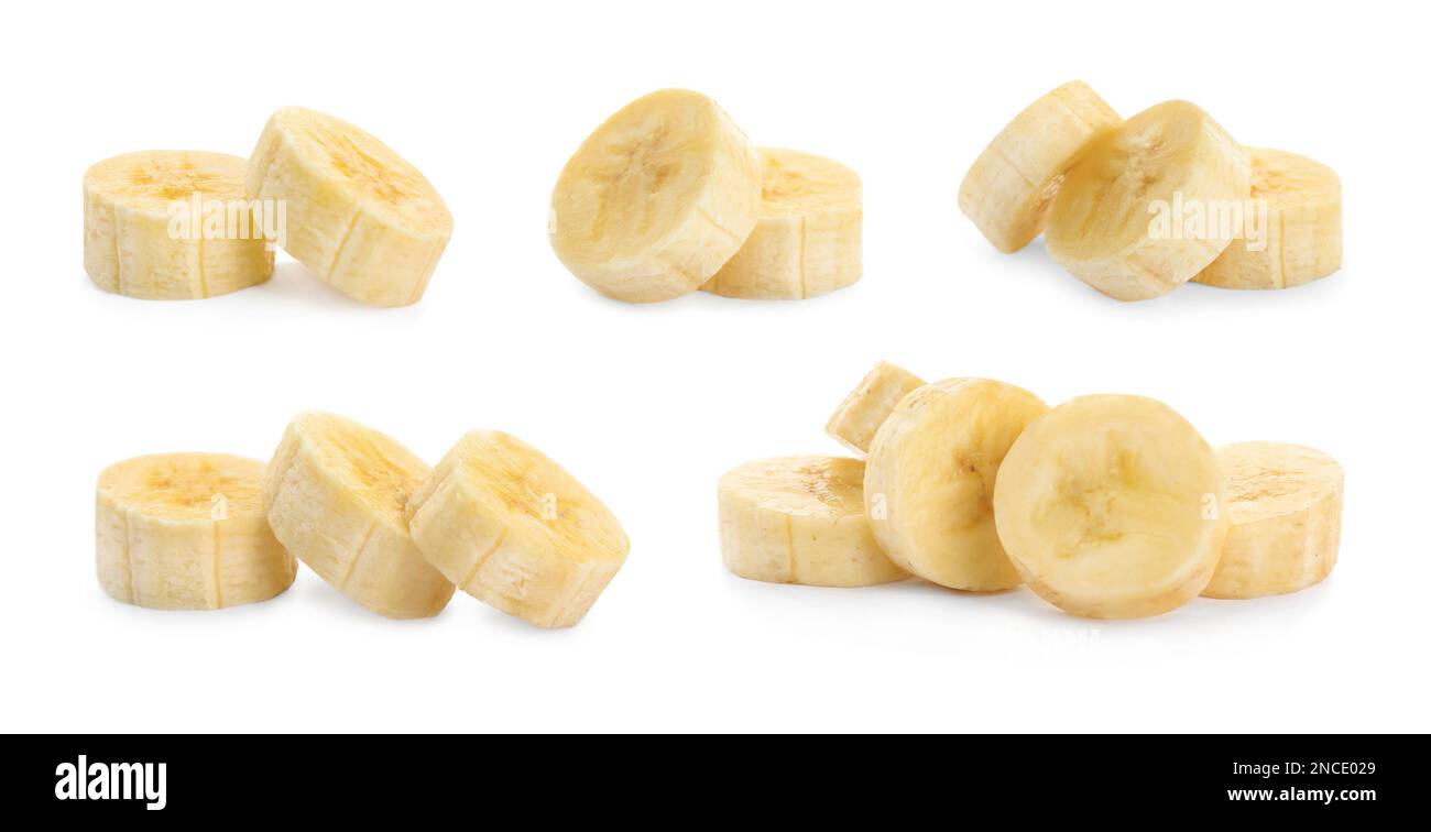 Pieces of tasty ripe banana on white background, collage. Banner design ...