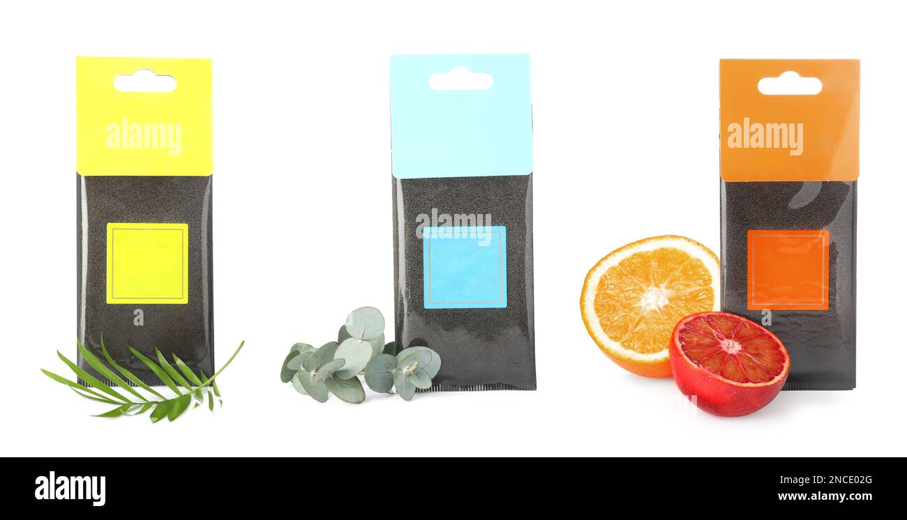 Set of scented sachets with different aromas on white background ...