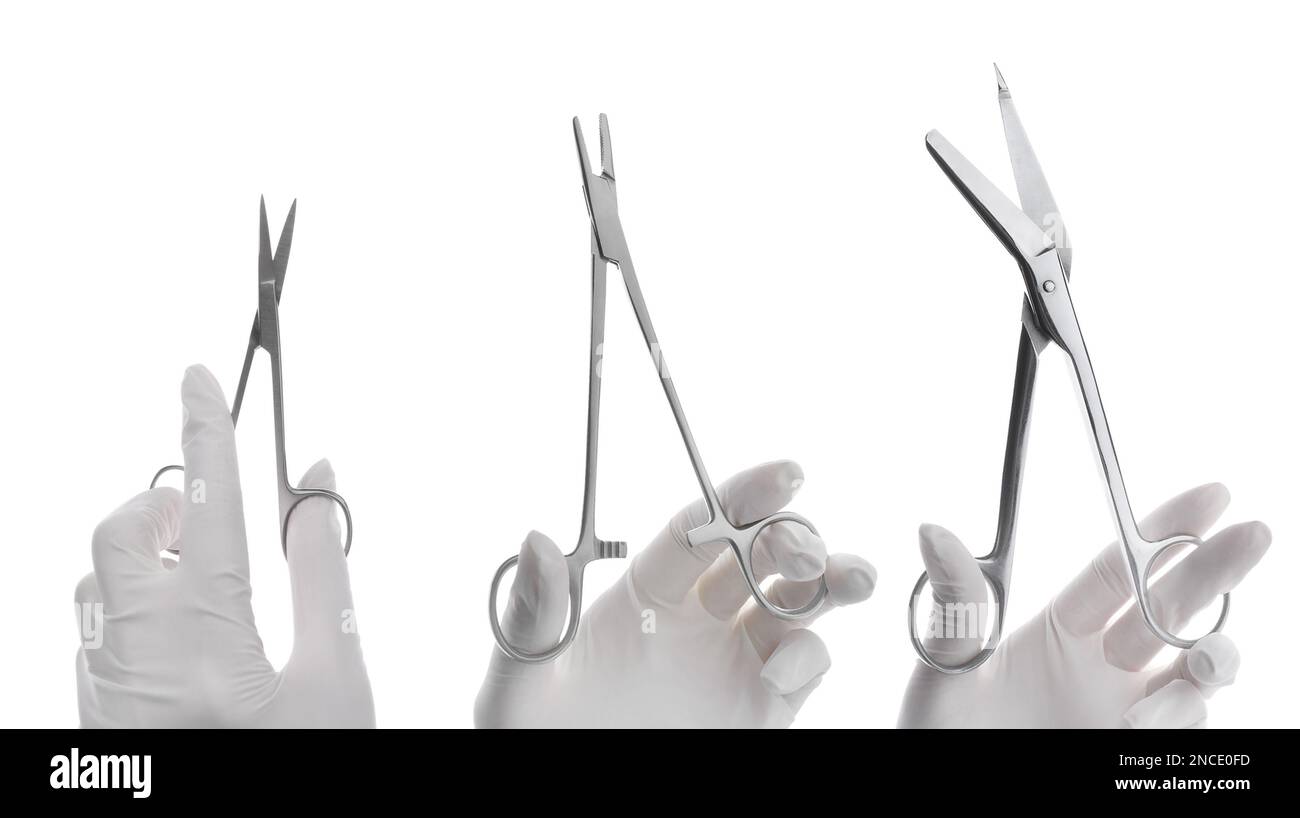 Collage with photos of doctors holding different surgical instruments ...