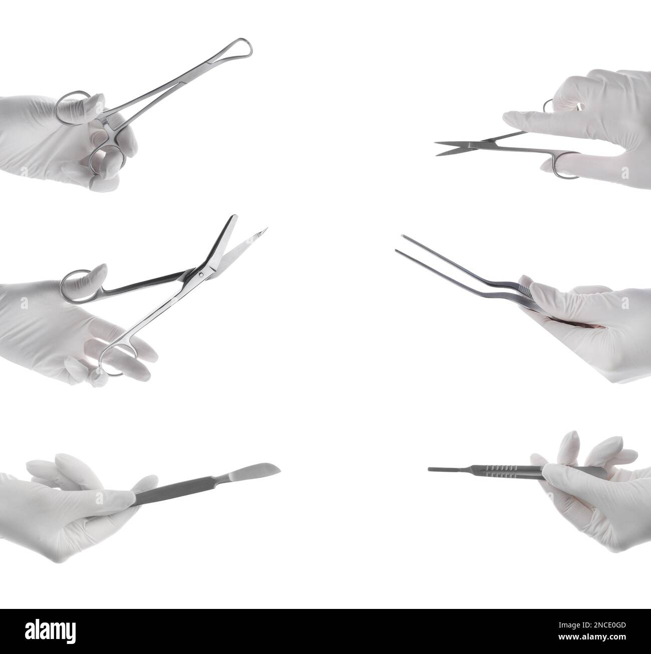 Collage with photos of doctors holding different surgical instruments ...