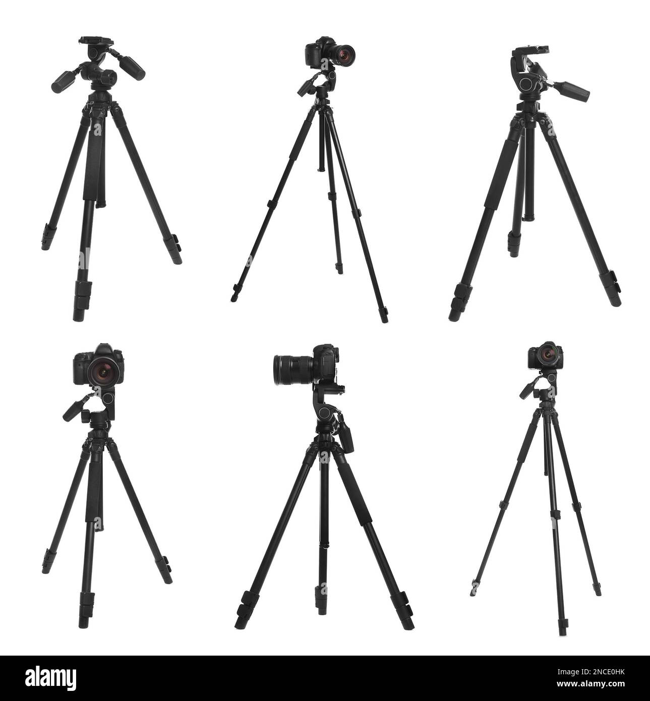 Set of modern tripods with professional cameras on white background ...