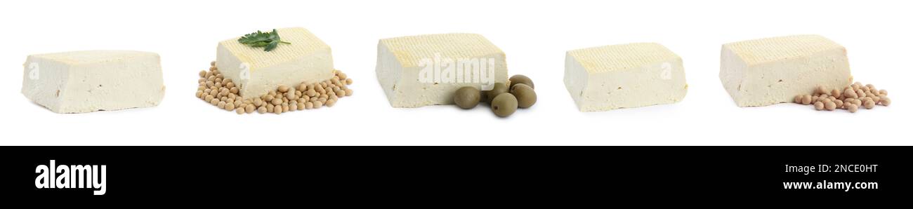 Set with delicious tofu on white background. Banner design Stock Photo ...