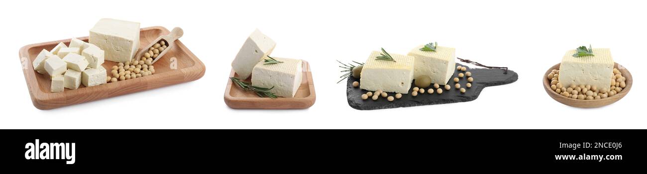Set with delicious tofu on white background. Banner design Stock Photo ...