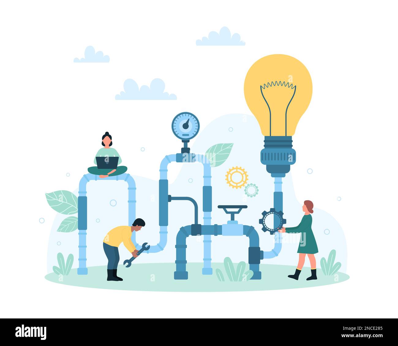 Creative project generation process vector illustration. Cartoon tiny ...