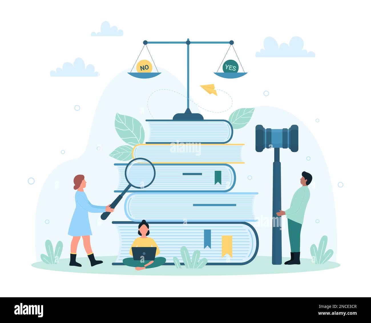 Law and justice, judicial service vector illustration. Cartoon tiny people holding symbols of ...