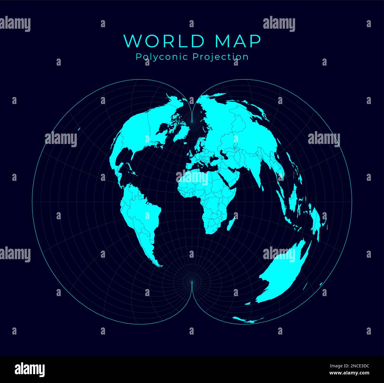 Map of the World. American polyconic projection. Futuristic infographic ...