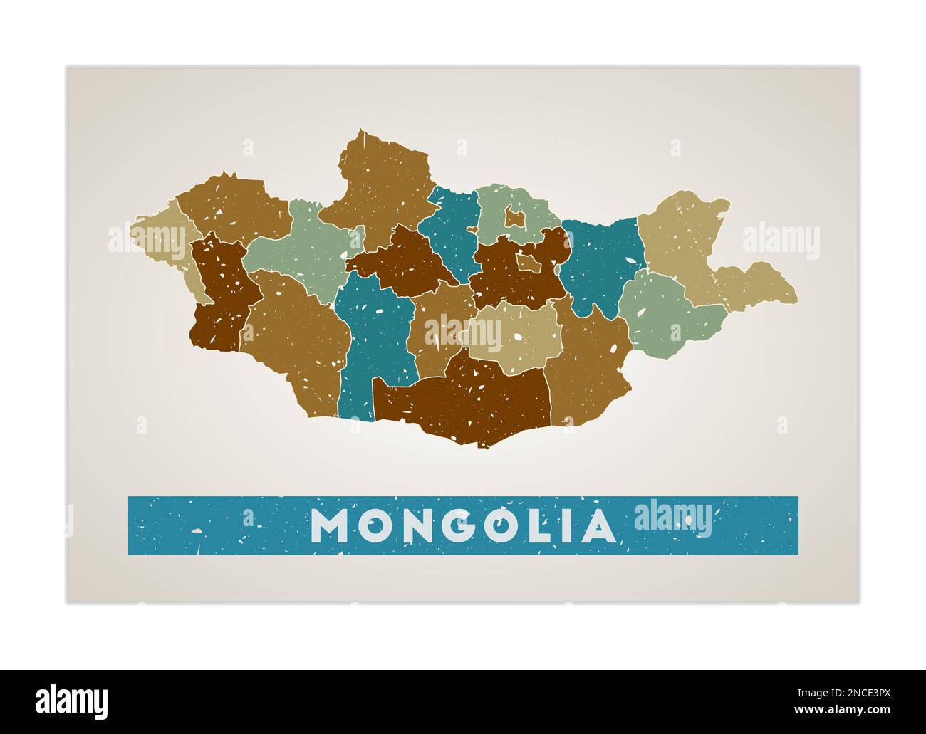 Mongolia map. Country poster with regions. Old grunge texture. Shape of Mongolia with country ...