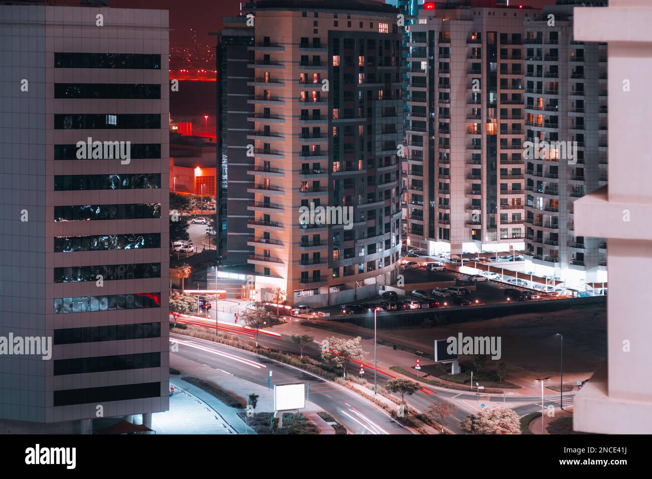 Low-key, long-exposure shot of Dubai's contemporary high-rise buildings ...