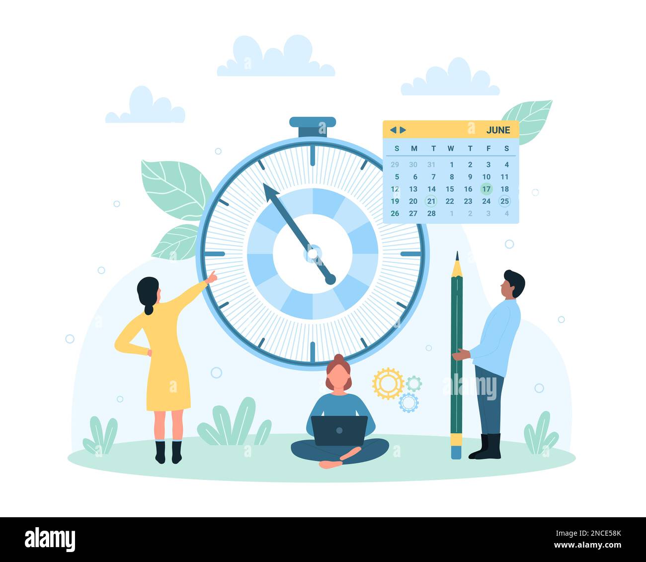 Time management vector illustration. Cartoon tiny people control progress of work with timer ...