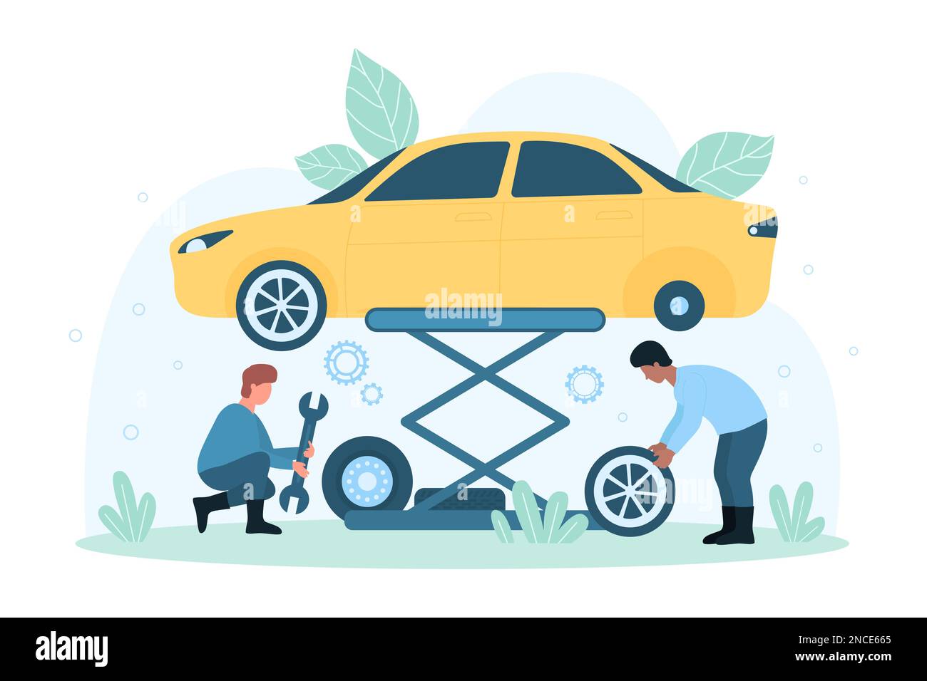 Car tire service vector illustration. Cartoon tiny people from ...