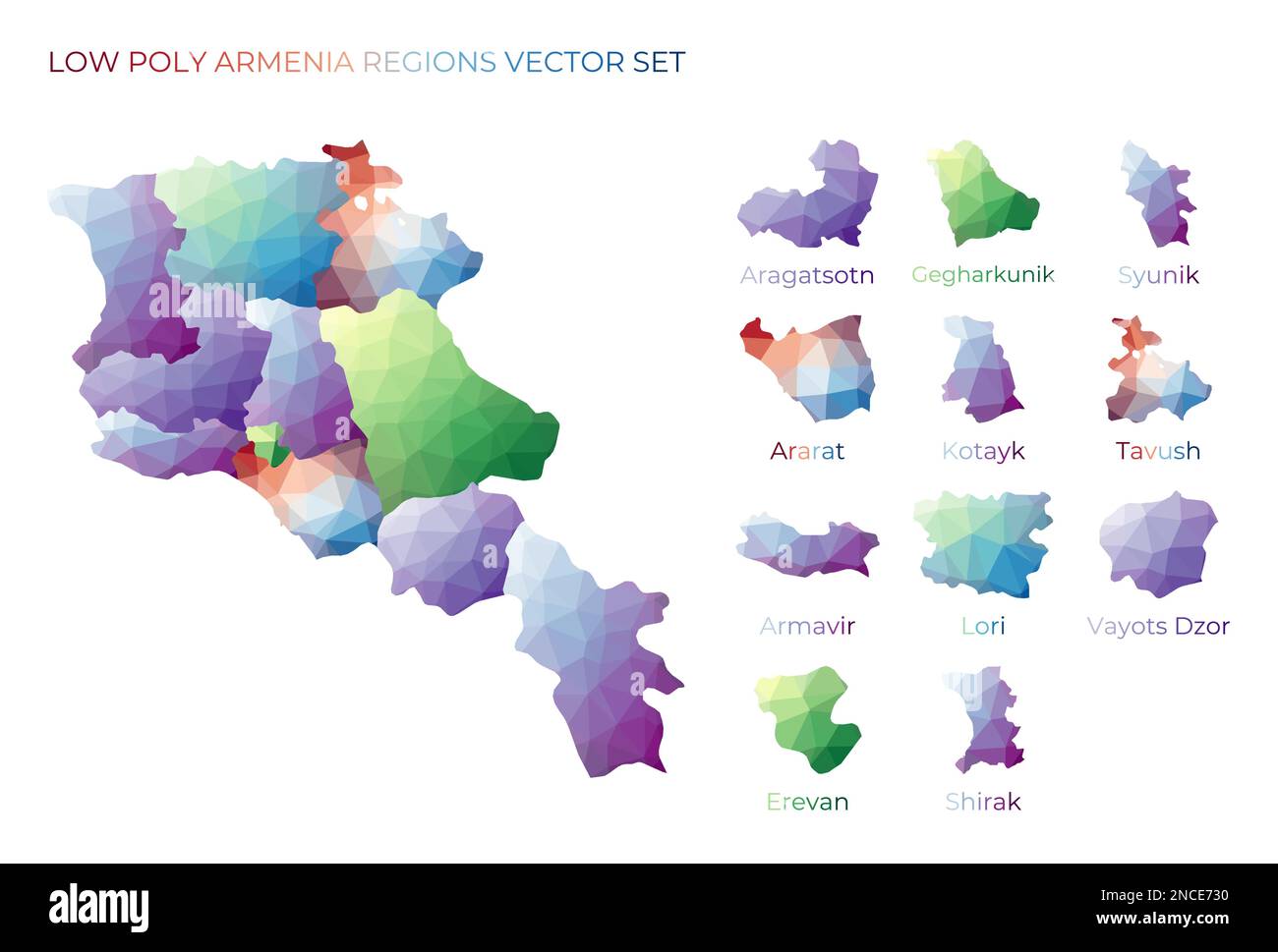 Armenian low poly regions. Polygonal map of Armenia with regions. Geometric maps for your design ...