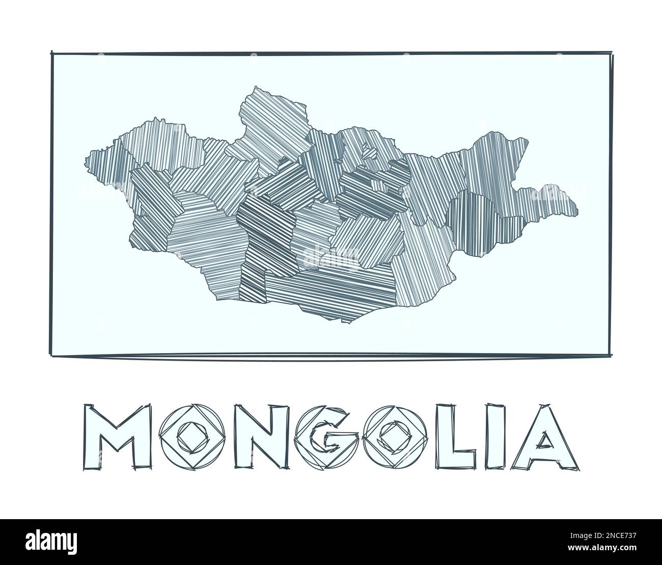 Sketch map of Mongolia. Grayscale hand drawn map of the country. Filled ...