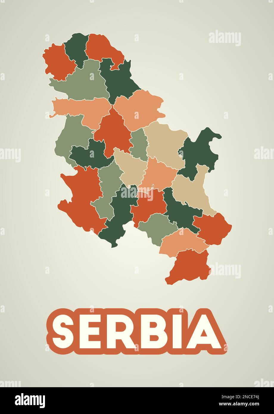 Serbia poster in retro style. Map of the country with regions in autumn ...