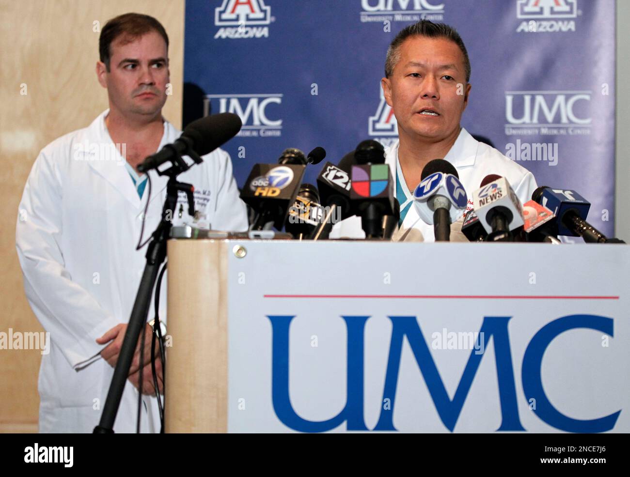 Dr. Peter Rhee, right, speaks about the condition of U.S. Rep ...