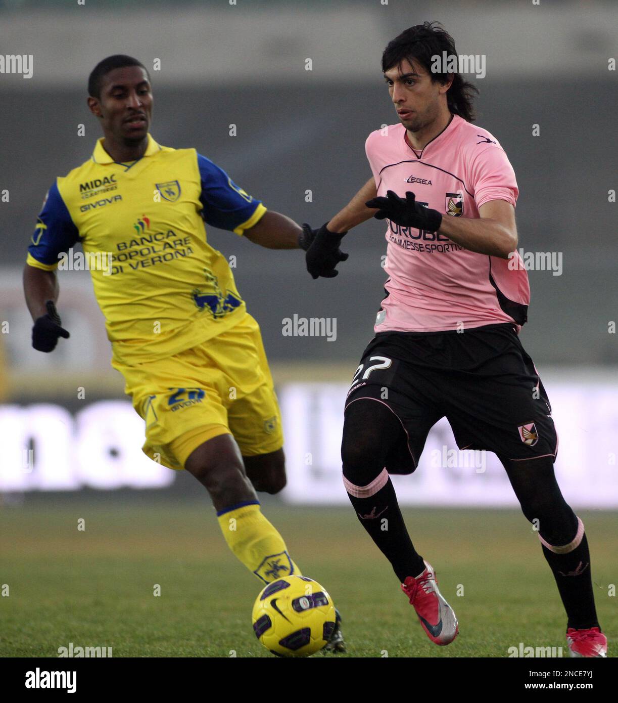 Palermo's Javier Pastore, right, of Argentina, is chased by Chievo's ...