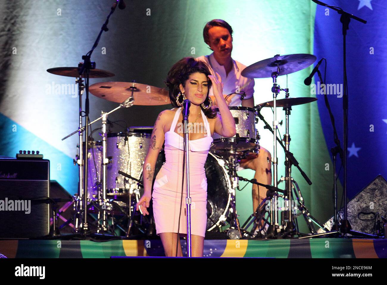 British artist Amy Winehouse gestures while performing in Florianopolis ...