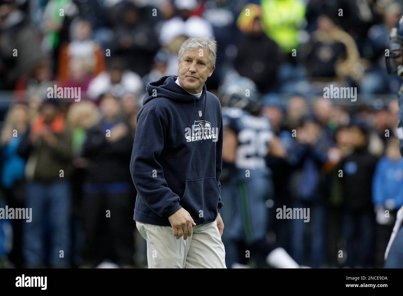 Seattle Seahawks head coach Pete Carroll is shown on the field in the ...