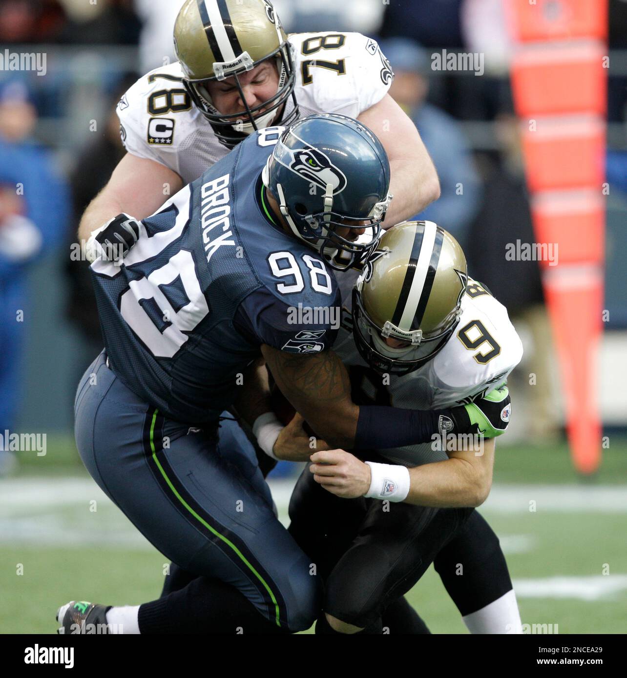 New Orleans Saints Drew Brees is sacked by Seattle Seahawks Raheem ...