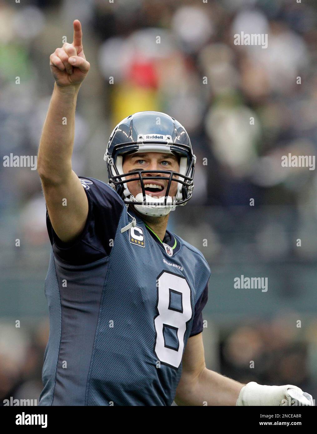 Seattle Seahawks quarterback Matt Hasselbeck reacts to a touchdown ...