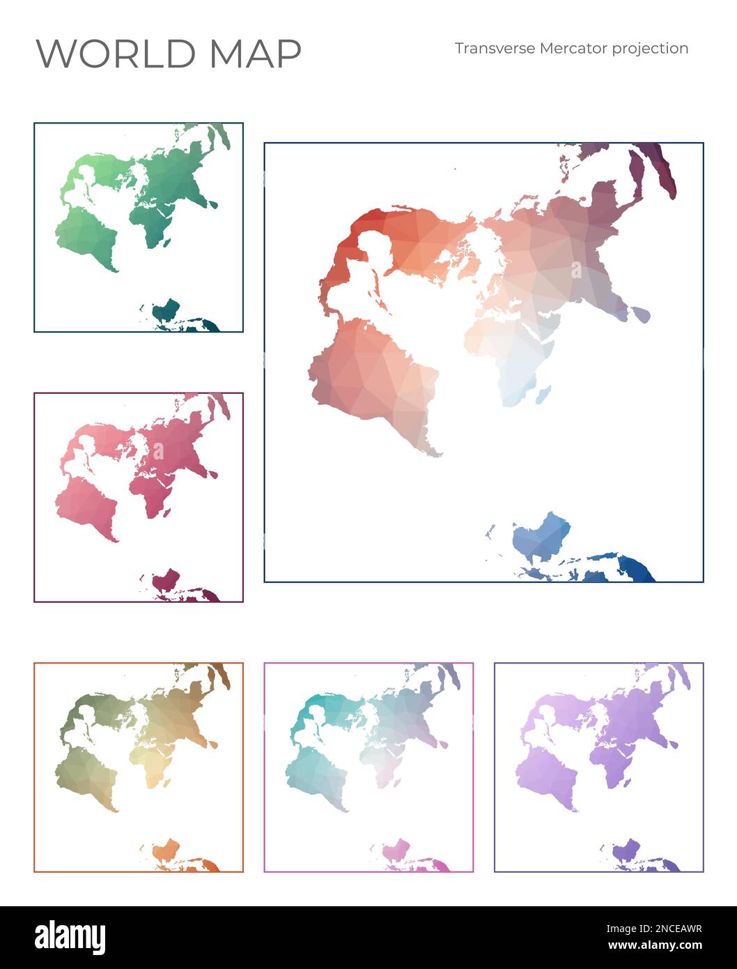 Low Poly World Map Set. Transverse Mercator projection. Collection of ...